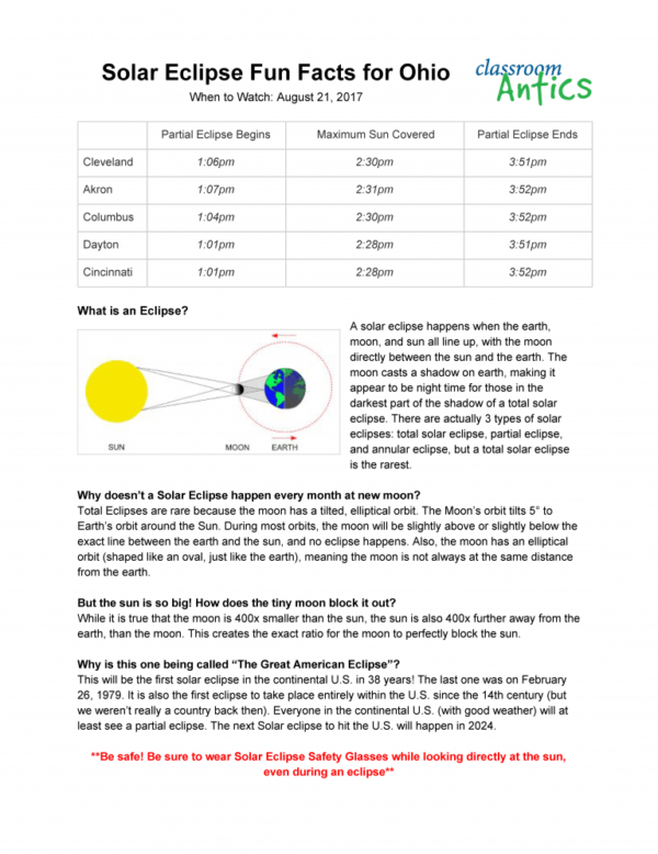 Solar Eclipse Fun Facts for Ohio - Classroom Antics